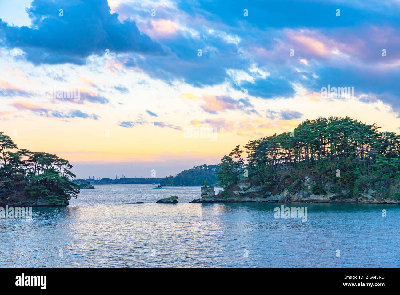 Matsushima Bay in dusk, beautiful islands covered with pine trees and ...