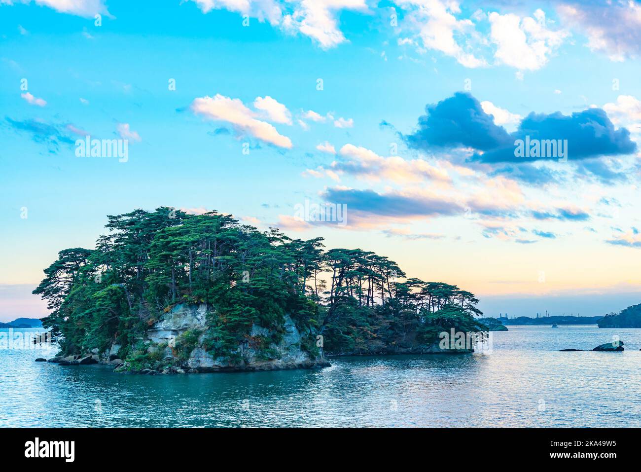 Matsushima Bay in dusk, beautiful islands covered with pine trees and ...