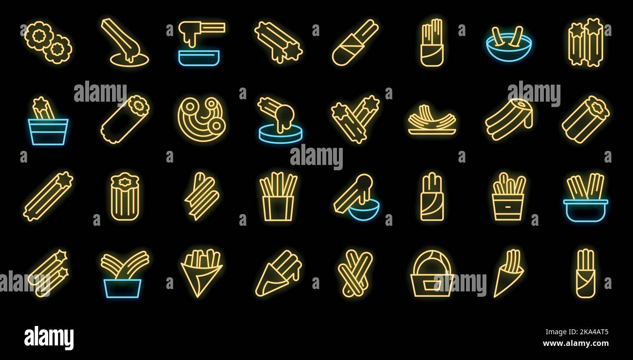 Churros icons set outline vector. Mexican chocolate. Churro food neon ...