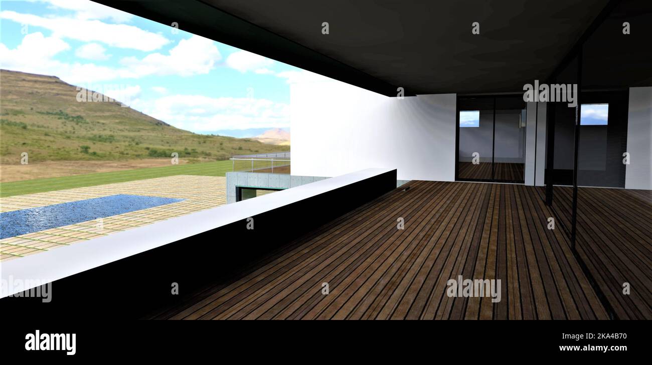 The wooden floor of the balcony of a new stylish country house ...