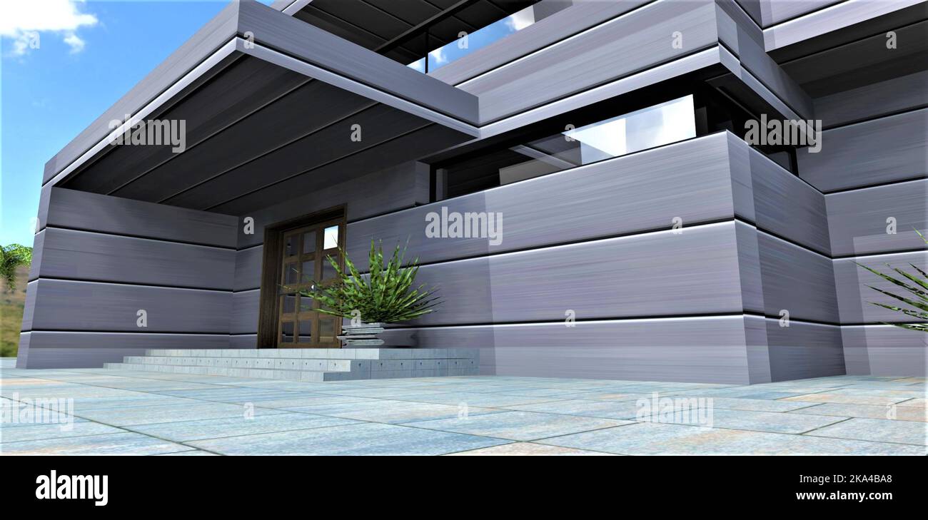 Futuristic porch design of a stylish country house. Wide automatic ...