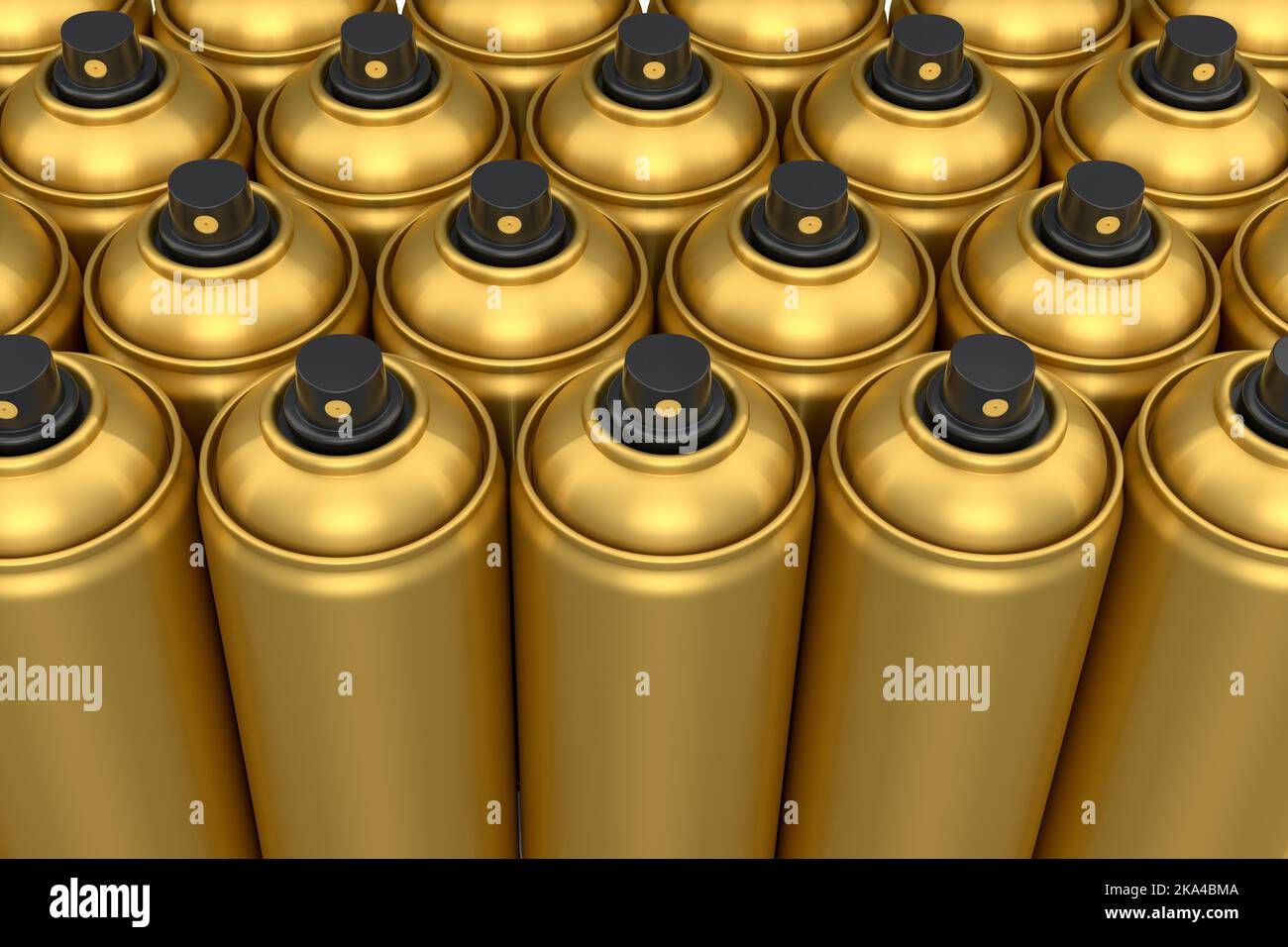 Set of gold spray paint cans in row on white background. 3d render ...