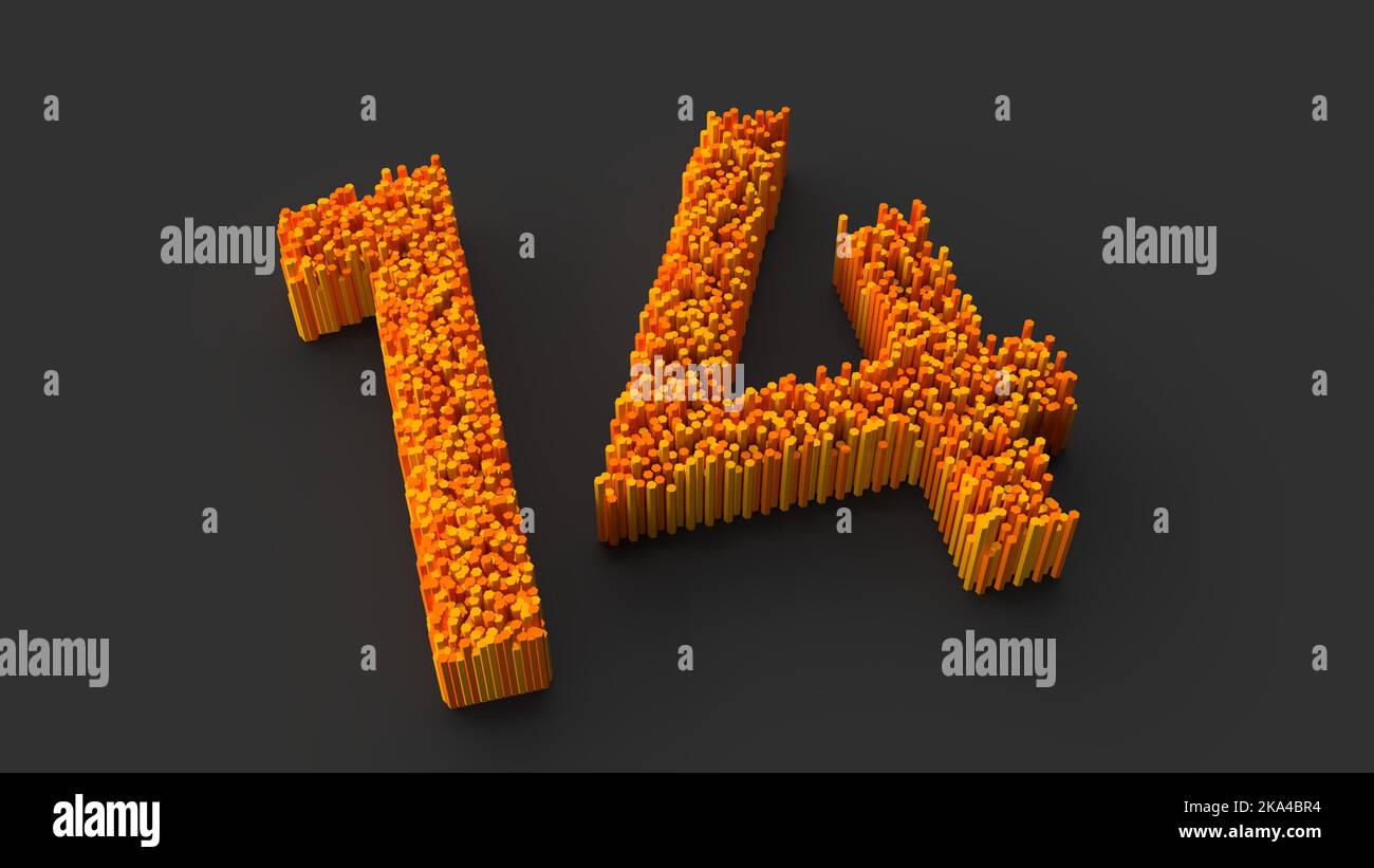 An illustration of a orange and red number 14 isolated over dark ...