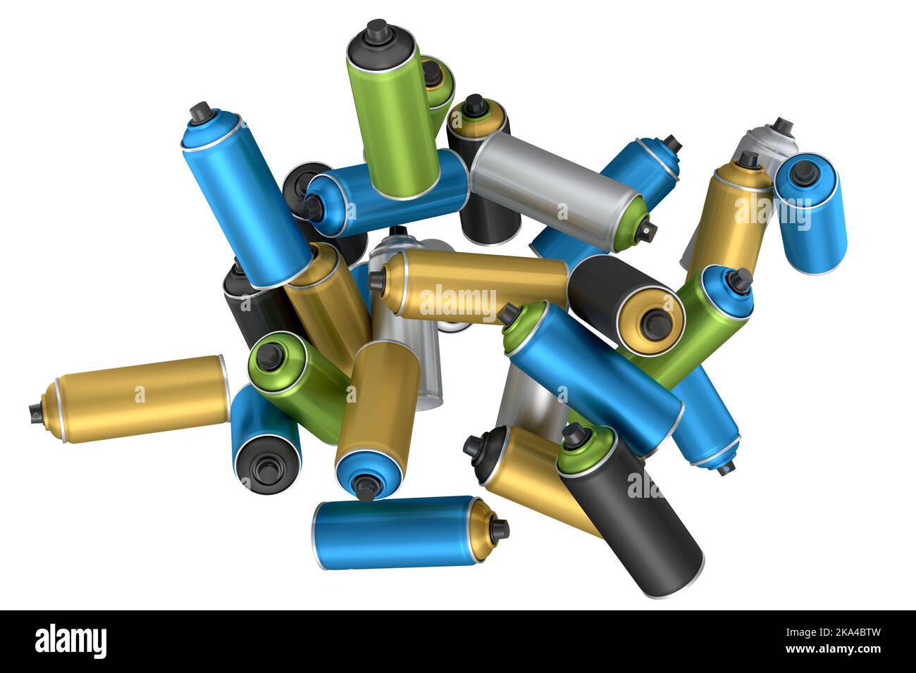Lots of flying spray paint cans on white background. 3d render spray ...