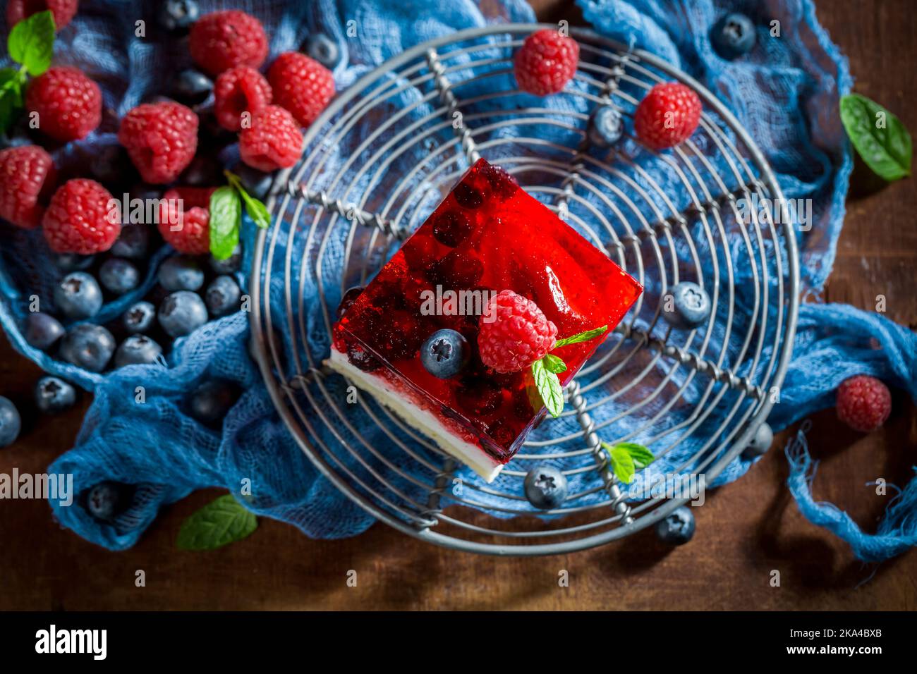 Fresh and delicious jelly cake made of berry fruits. Cake with red ...