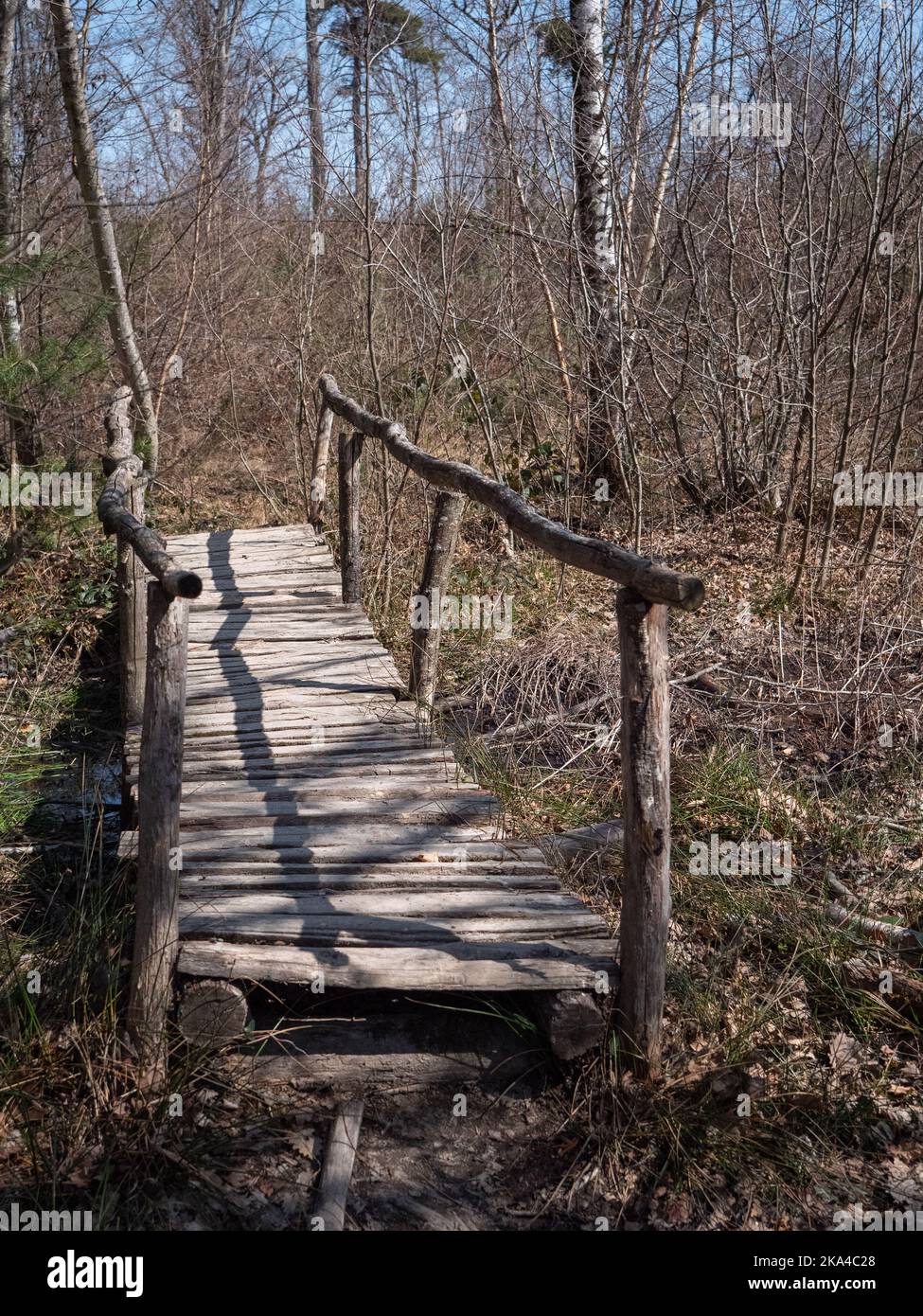 A vertical shot of a small wooden bridge in a forest in Isere Stock ...