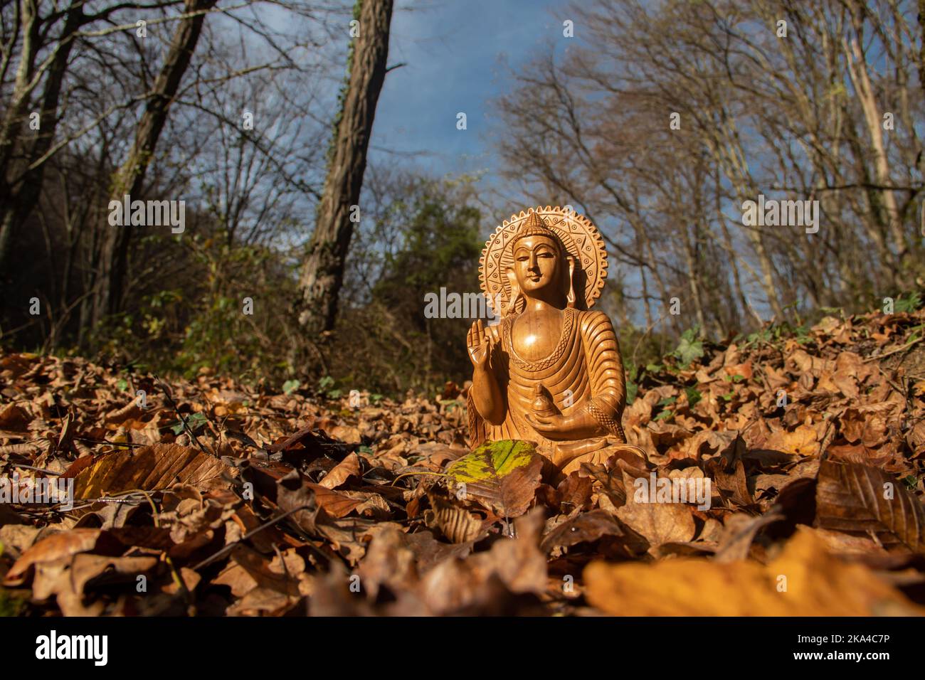 Wooden hand made statue, figurine of Buddha under the sun in autumn ...