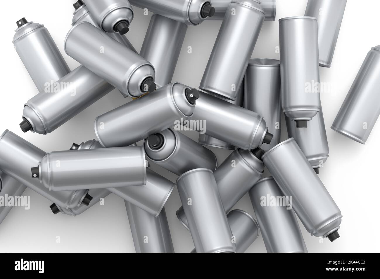 Lots of flying spray paint cans on white background. 3d render spray ...