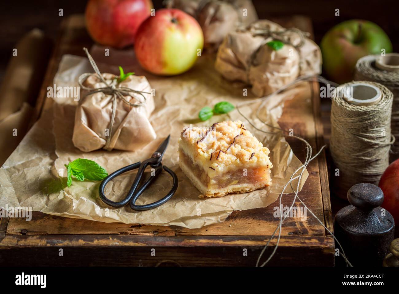 Delicious and fresh take away apple pie packed in a paper. Apple pie ...