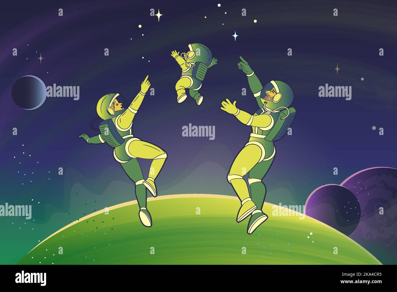 Happy family of astronauts, mom, dad, son point fingers at the ...