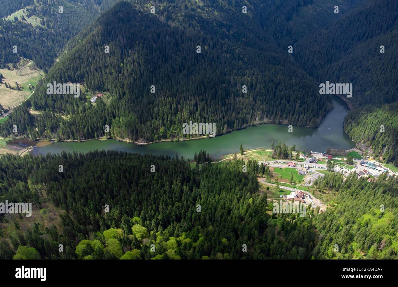 An aerial view of Rosu Lake - Romania, drone view, summer Stock Photo ...