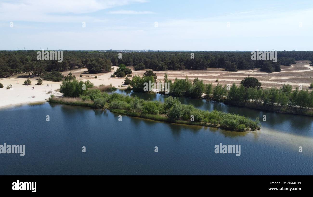 An aerial view of lake surrounded by growing bushes and sandy beach in ...