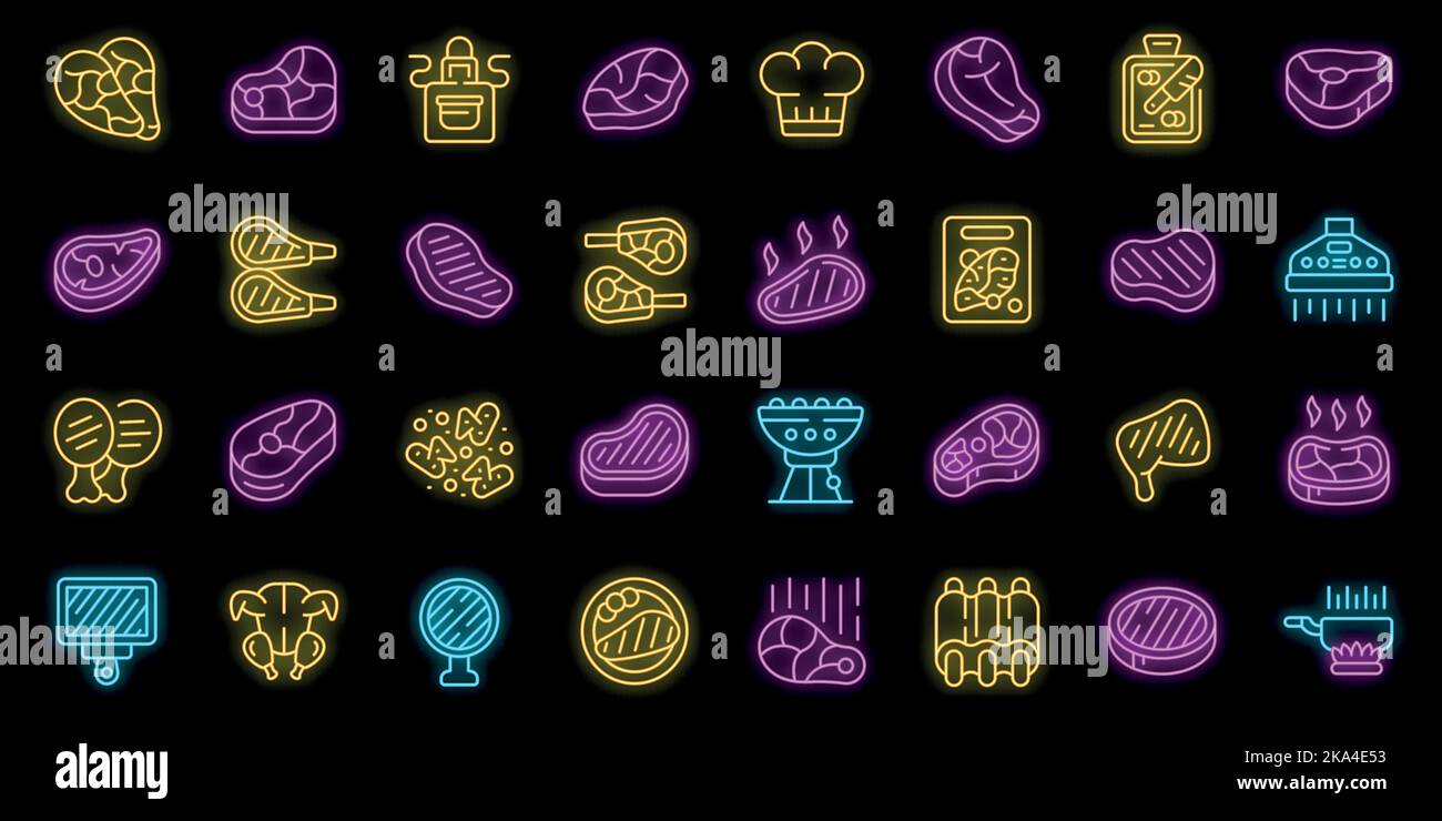 Chop icons set outline vector. Meat rib. Pork bacon neon color on black ...