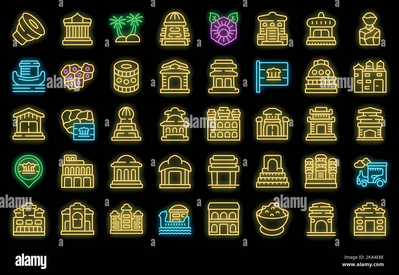 Cambodia icons set outline vector. Asia architecture. Costume map neon ...