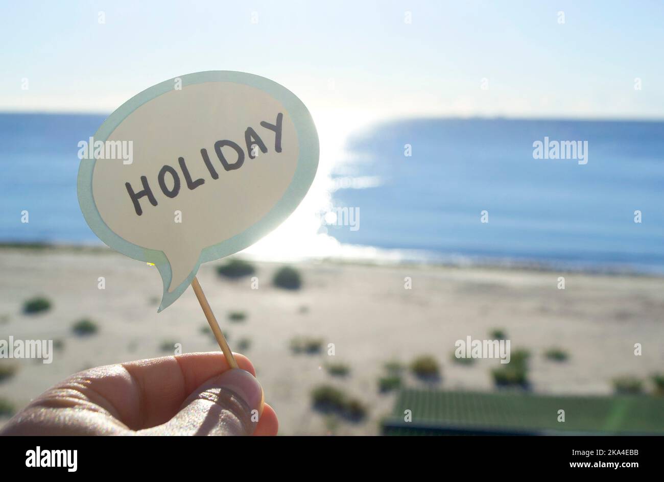 Stick with paper speech bubble with words Holiday on background blue ...