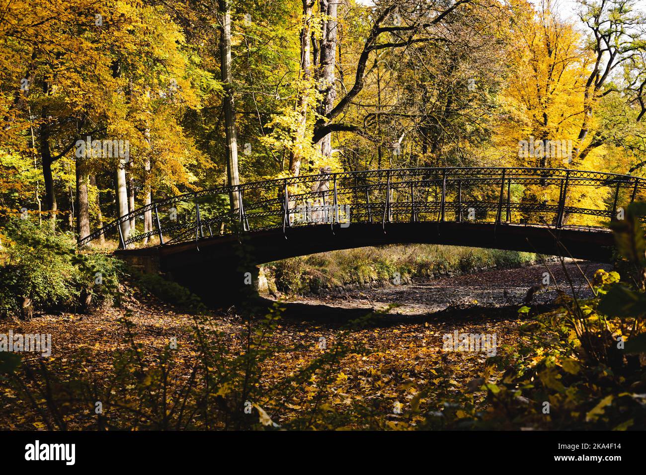 A natural view of an old bridge in Nymphenburger Park during an ...