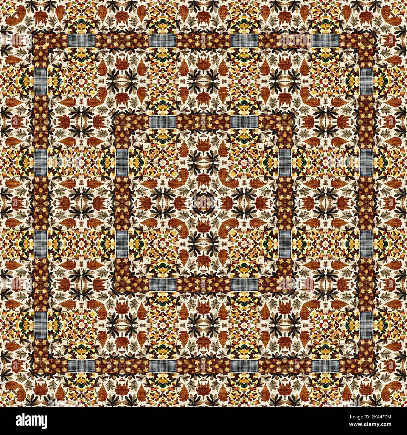 Autumn leaf quilt style vintage seamless pattern. Homely cottage core ...
