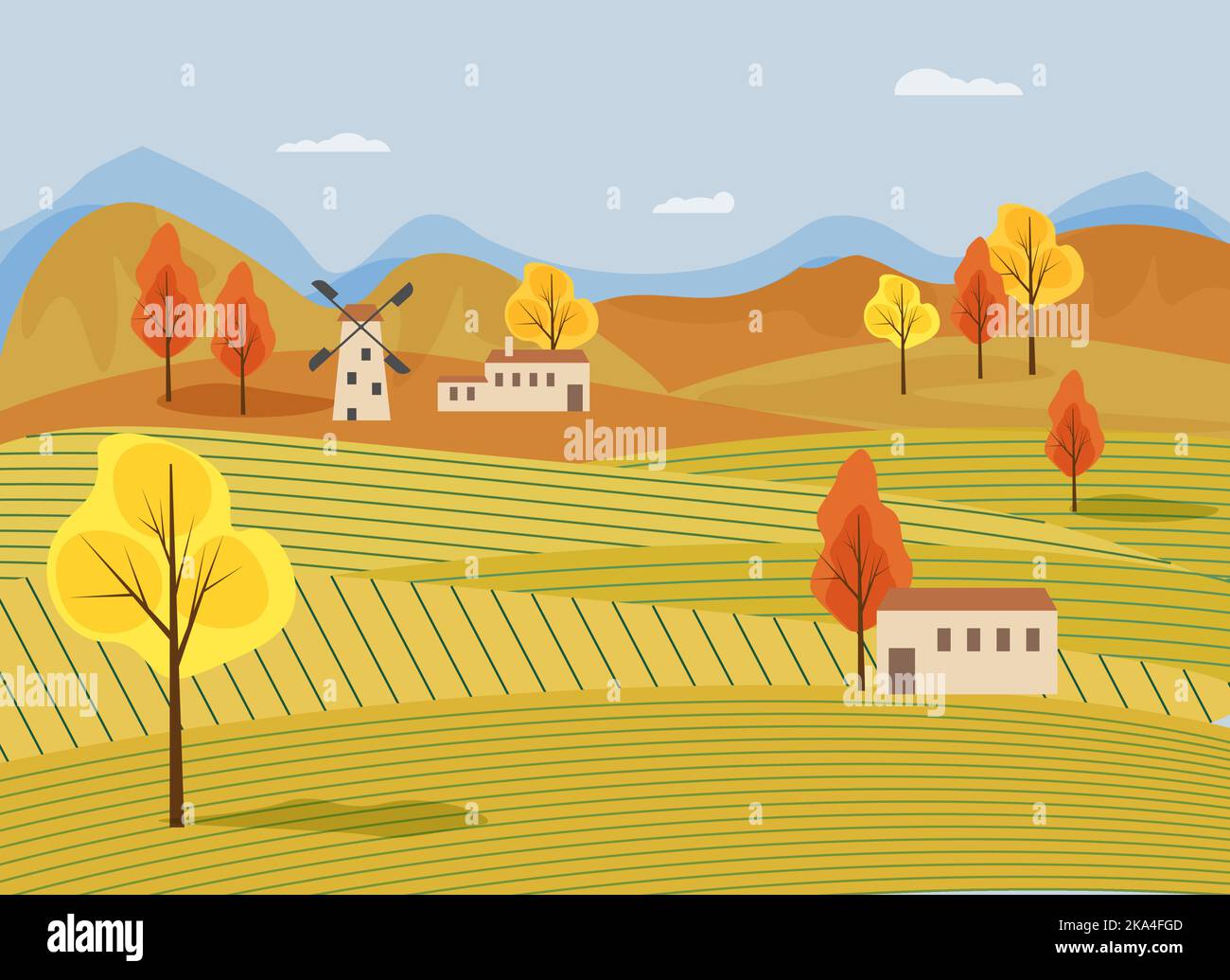 Autumn rural landscape - houses and mills, trees with yellow foliage ...