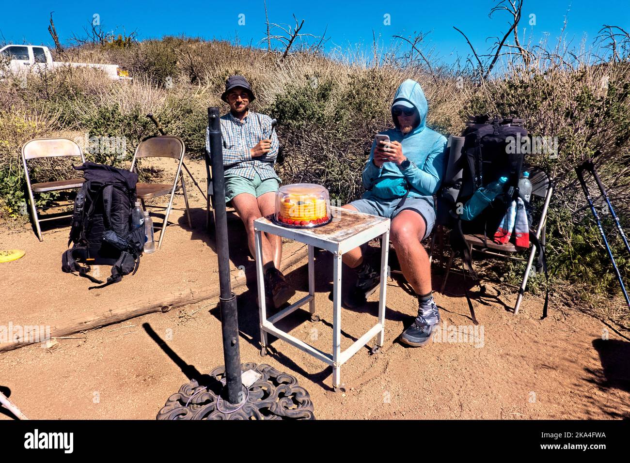 Enjoying cake from a trail angel on the Pacific Crest Trail, Tehachapi ...