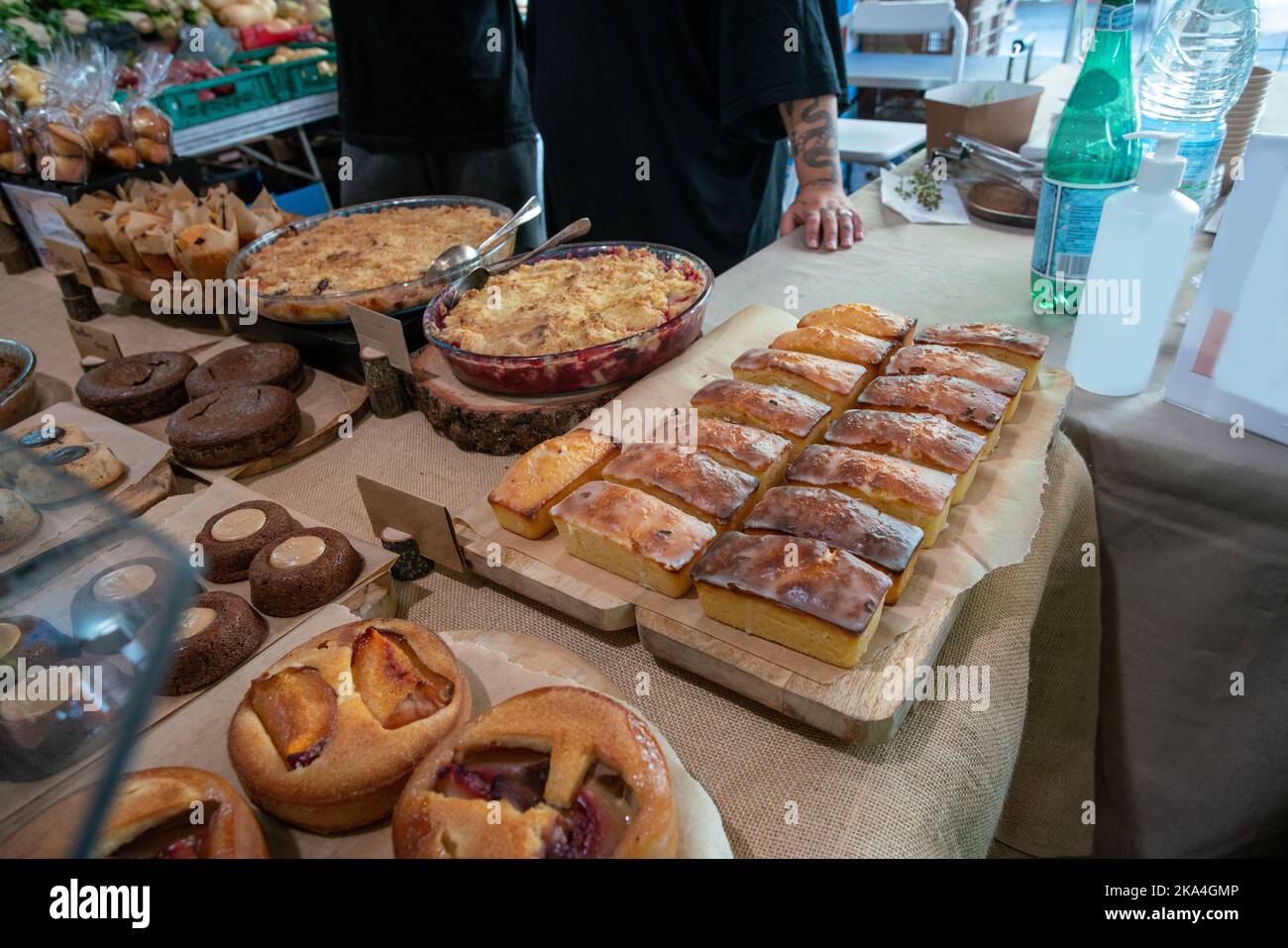 Above - French fruit crumble (casserole) and sweet cakes - sweets with ...