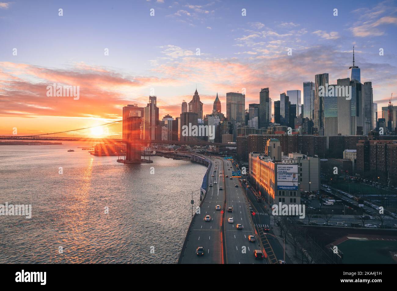 An iconic shot of skyline of Manhattan during sunset, New York City ...