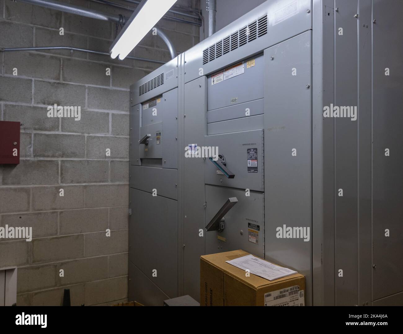 A closeup of electrical service panels in a commercial building Stock ...