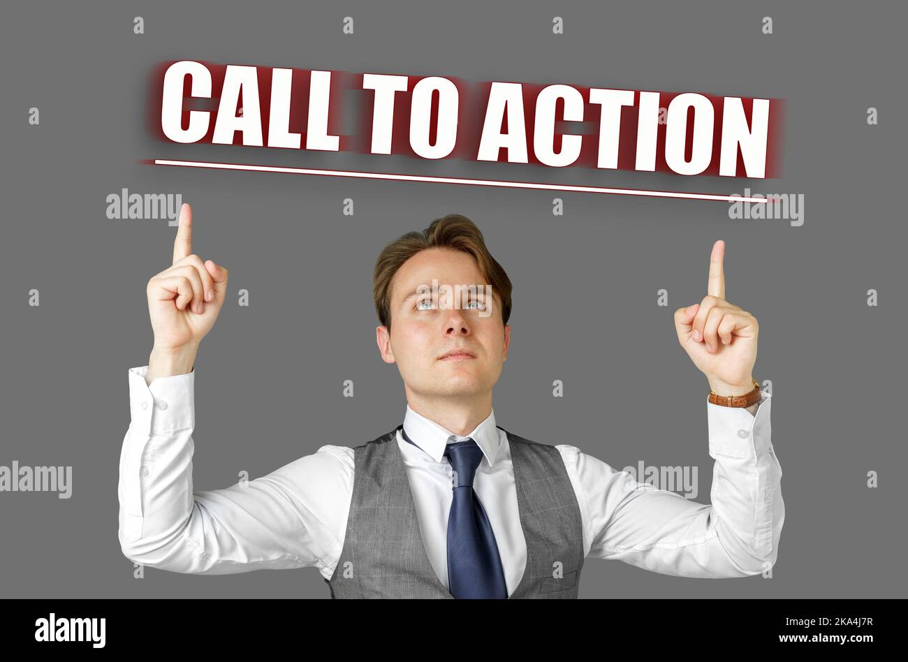 Business concept. Businessman points fingers at the inscription - CALL ...