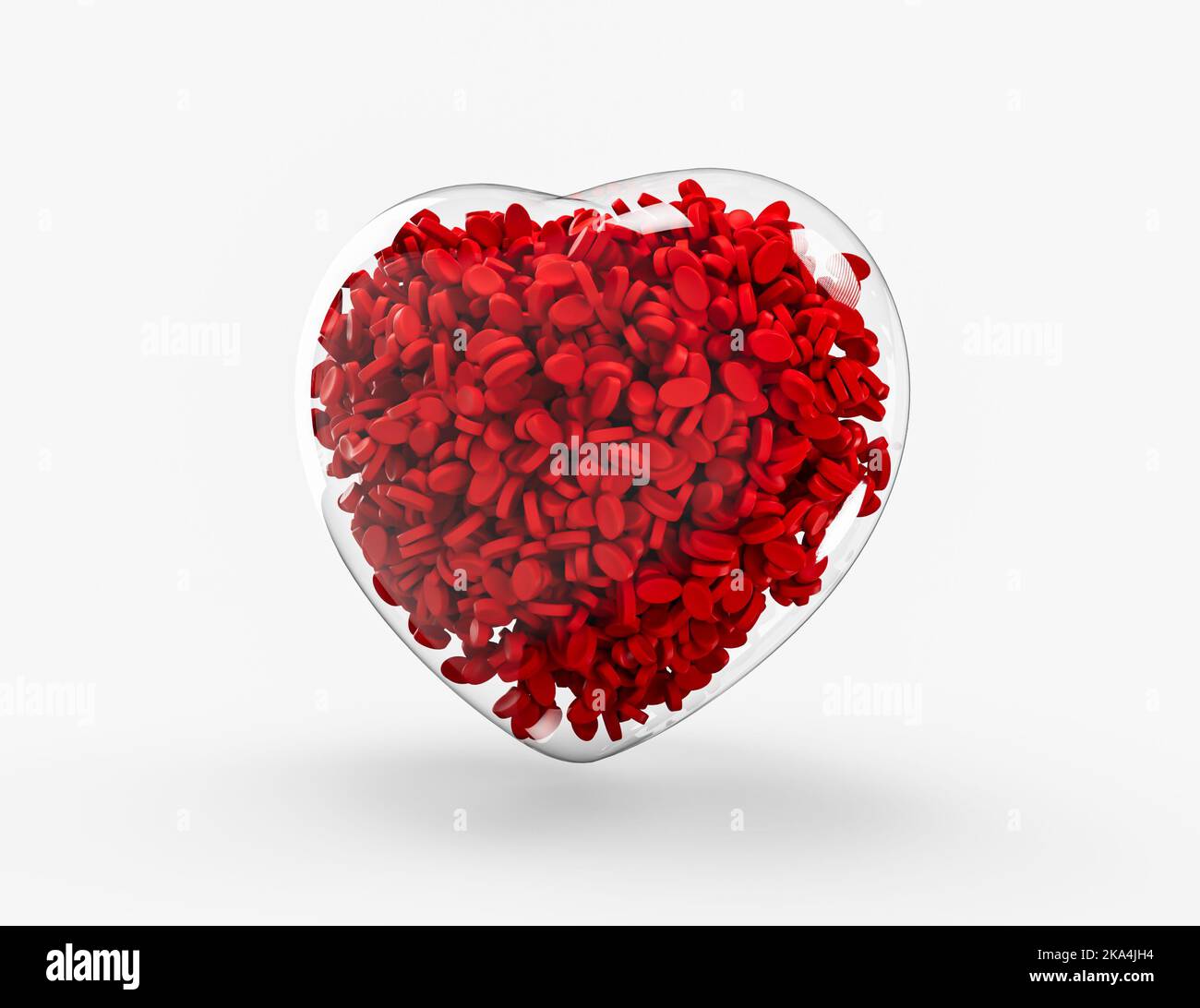 A 3D rendering of red blood cells in a transparent heart shaped glass ...