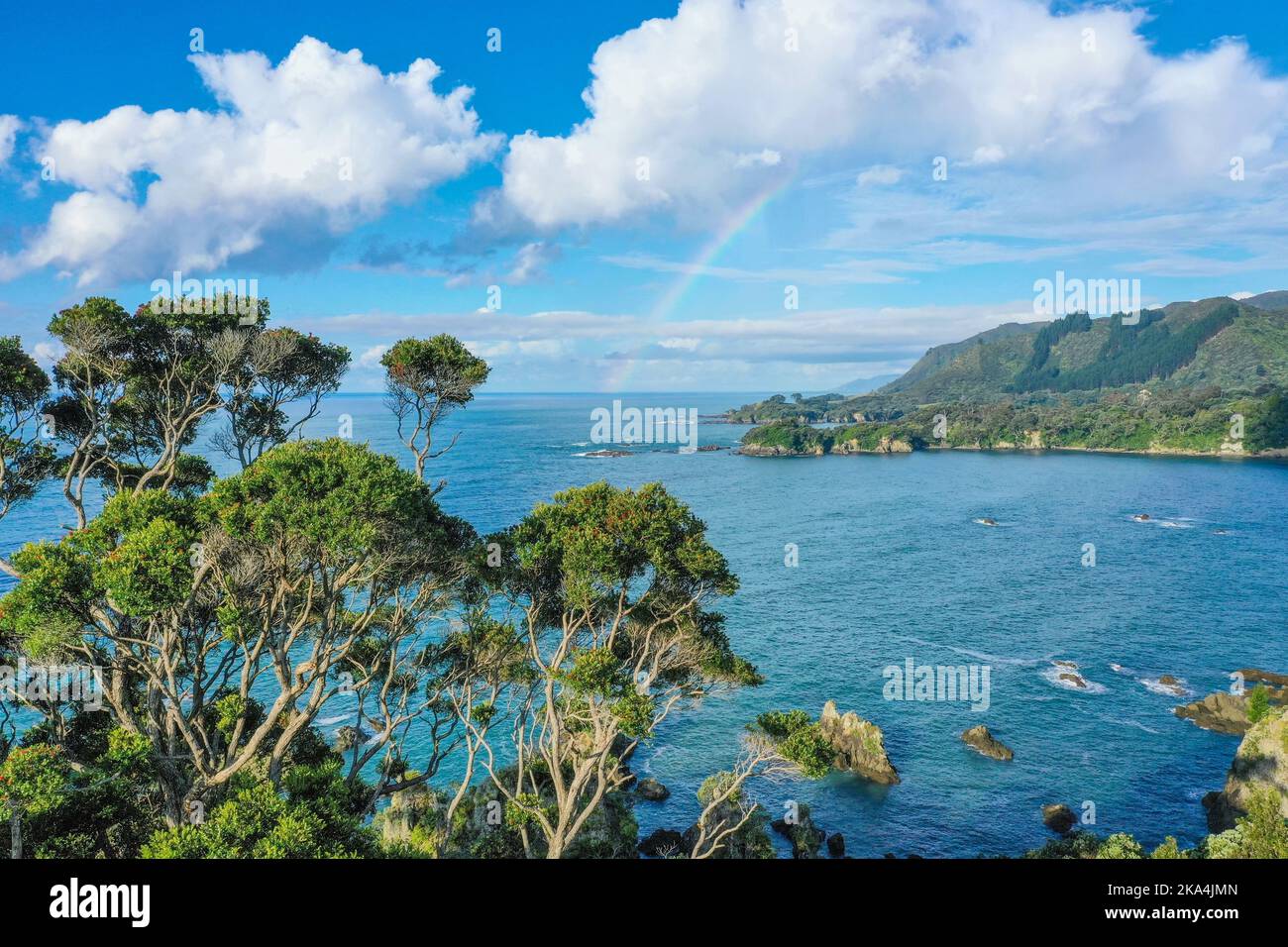 An aerial view of seascape surrounded by greenery mountains under blue ...
