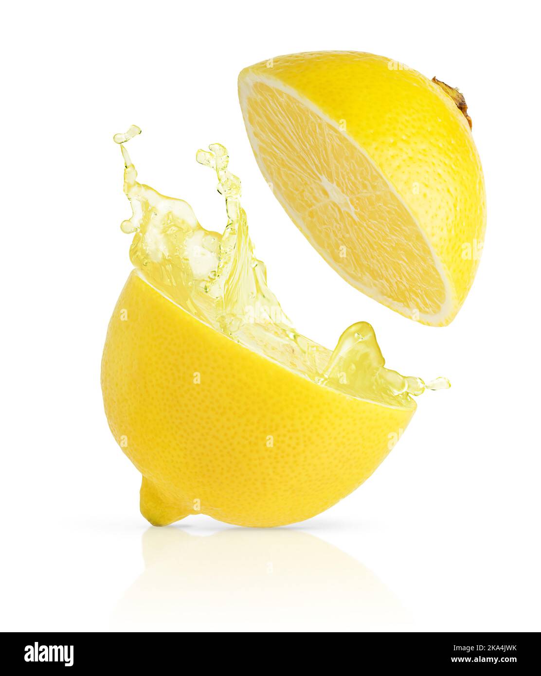 Cut lemon with splashing juice isolated on white background with ...