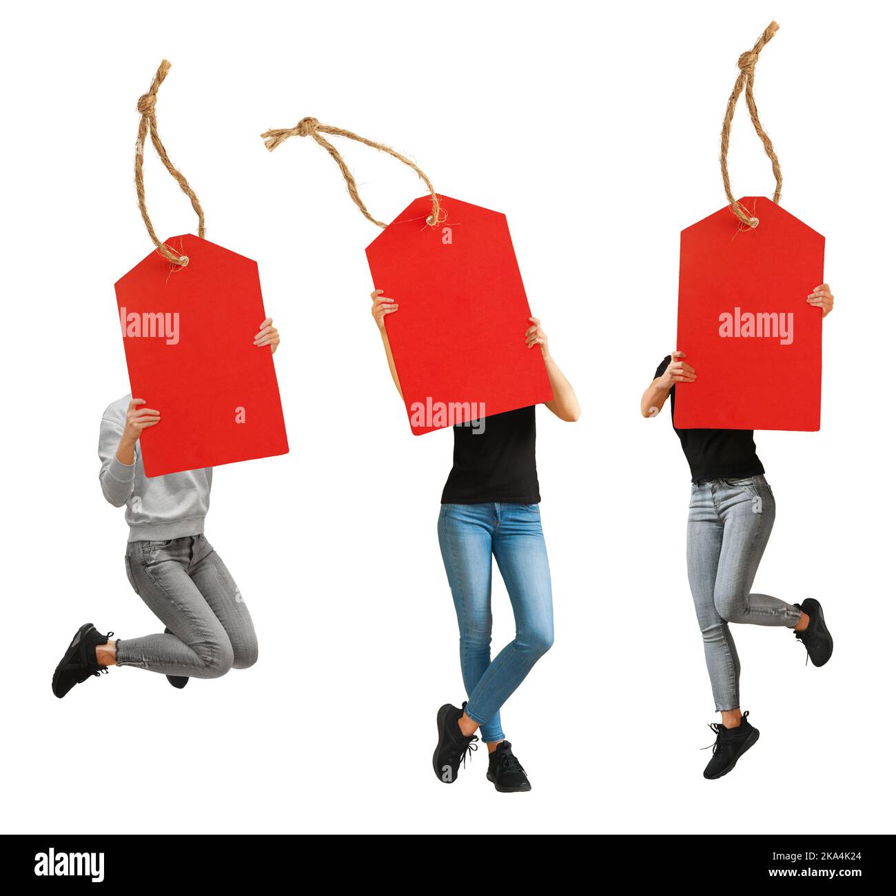 Set of women holding a red sale tag in hands. Isolated on white ...