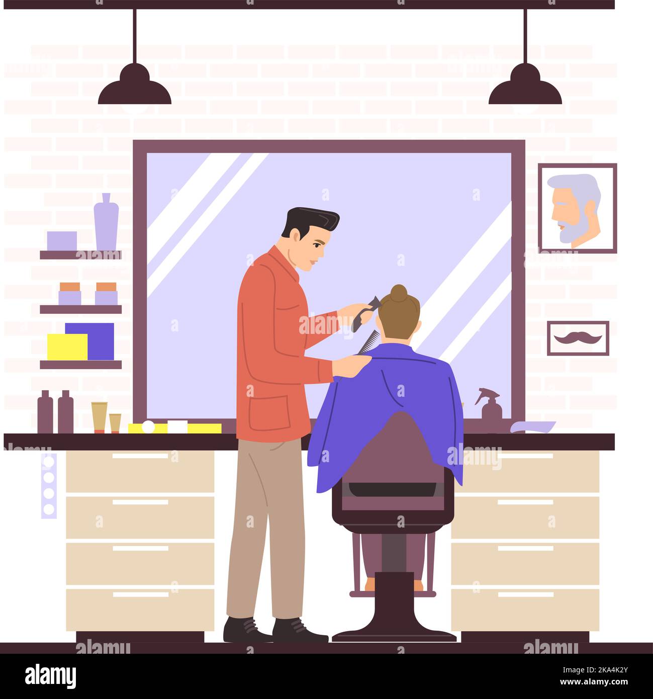 People in hair salon. Barber with customer. Hairdresser makes haircut ...