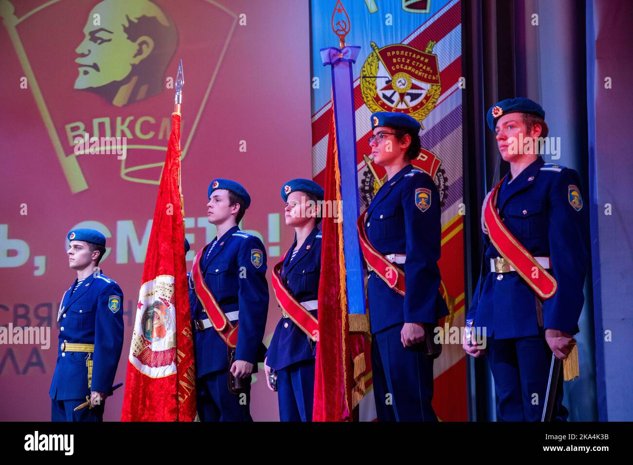 Moscow, Russia. 29th October, 2022. Young flag bearers stand on a stage ...