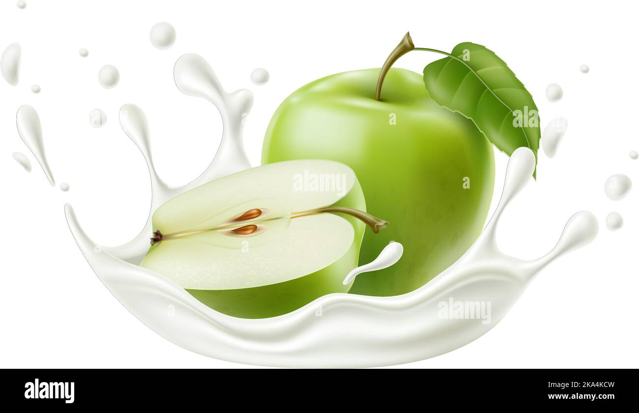 Realistic yogurt fruit splashes. Whole or half green apple. Fermented ...