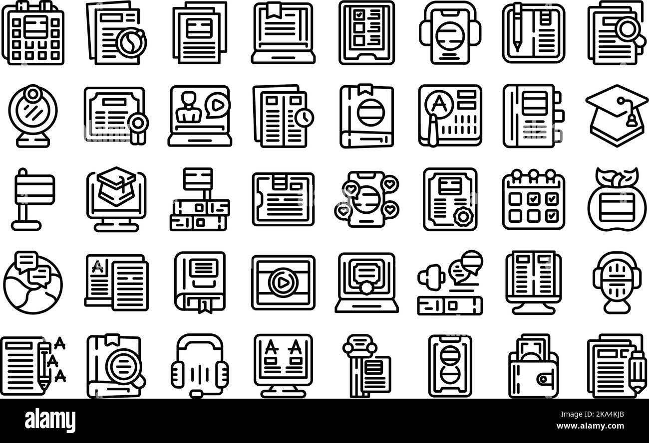Spanish lessons icons set outline vector. Tutor book. Center class ...