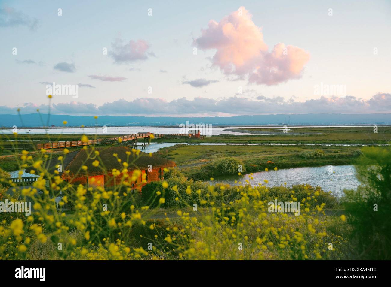 The rural village area with a small house and calm river surrounded by ...