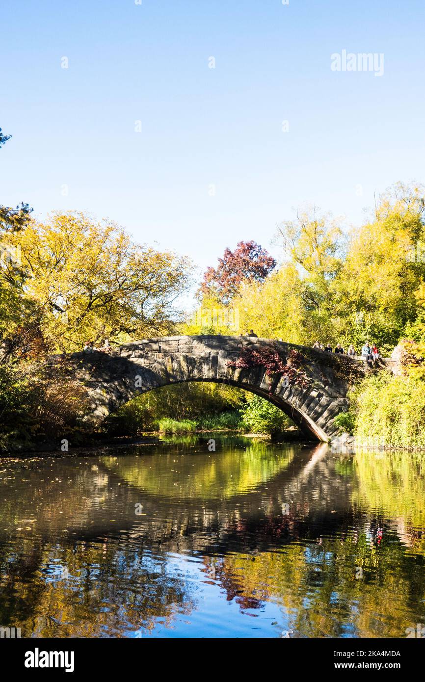 Gapstow Bridge at the pond is beautiful with fall foliage in Central ...