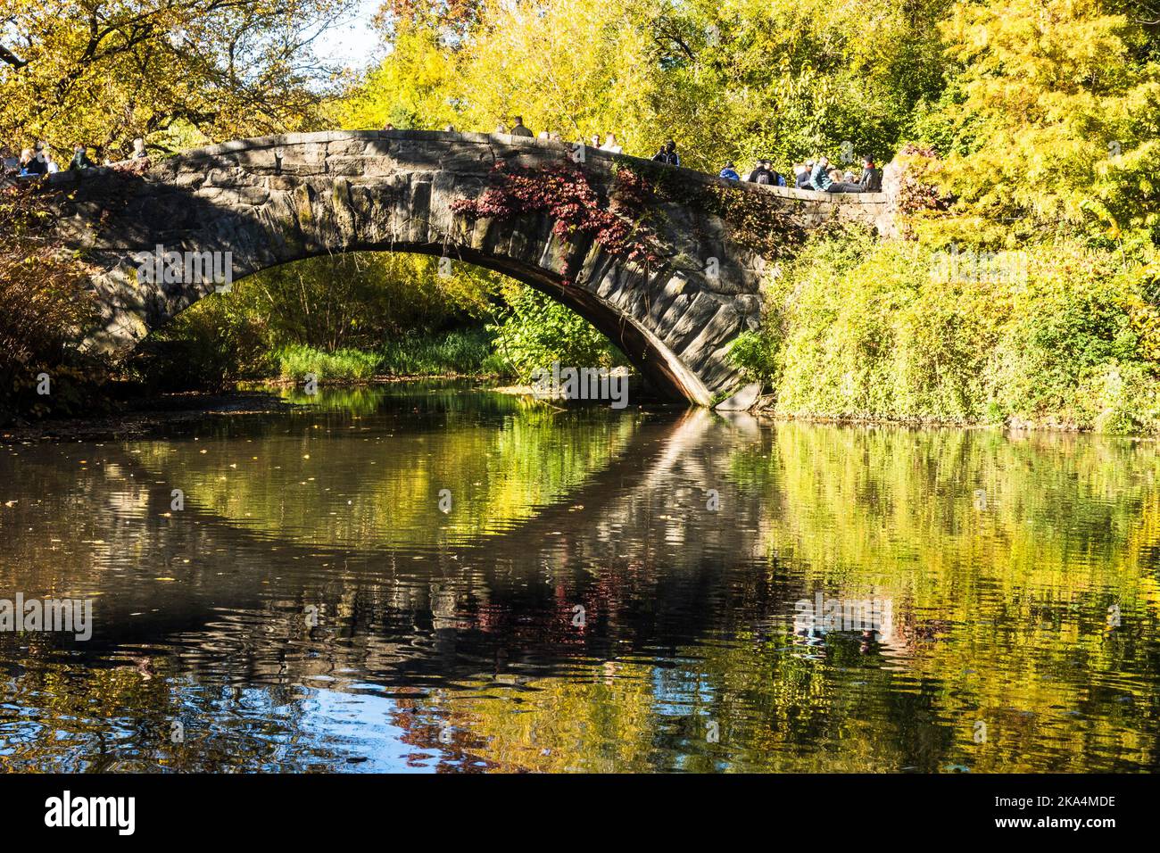 Gapstow Bridge at the pond is beautiful with fall foliage in Central ...