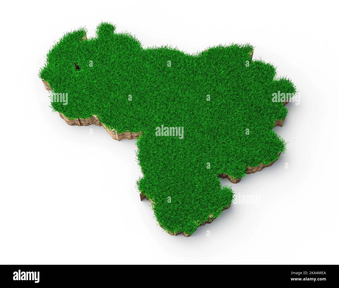 A 3D illustration of the Venezuela map with green grass and rocky ...