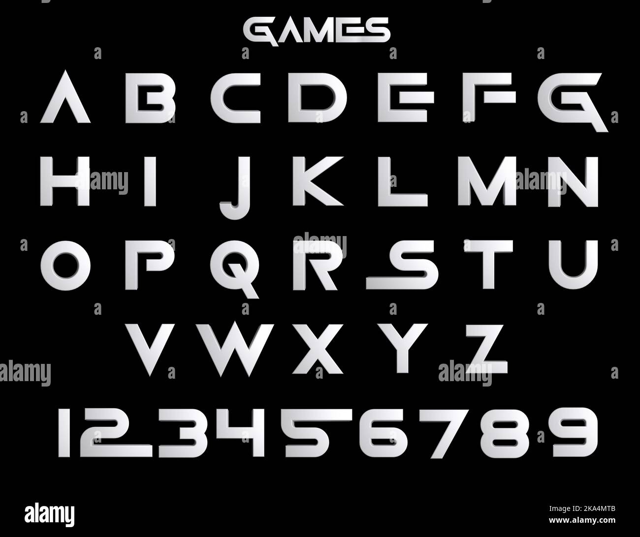 A bold white alphabet and numbers set on a black background Stock Photo ...