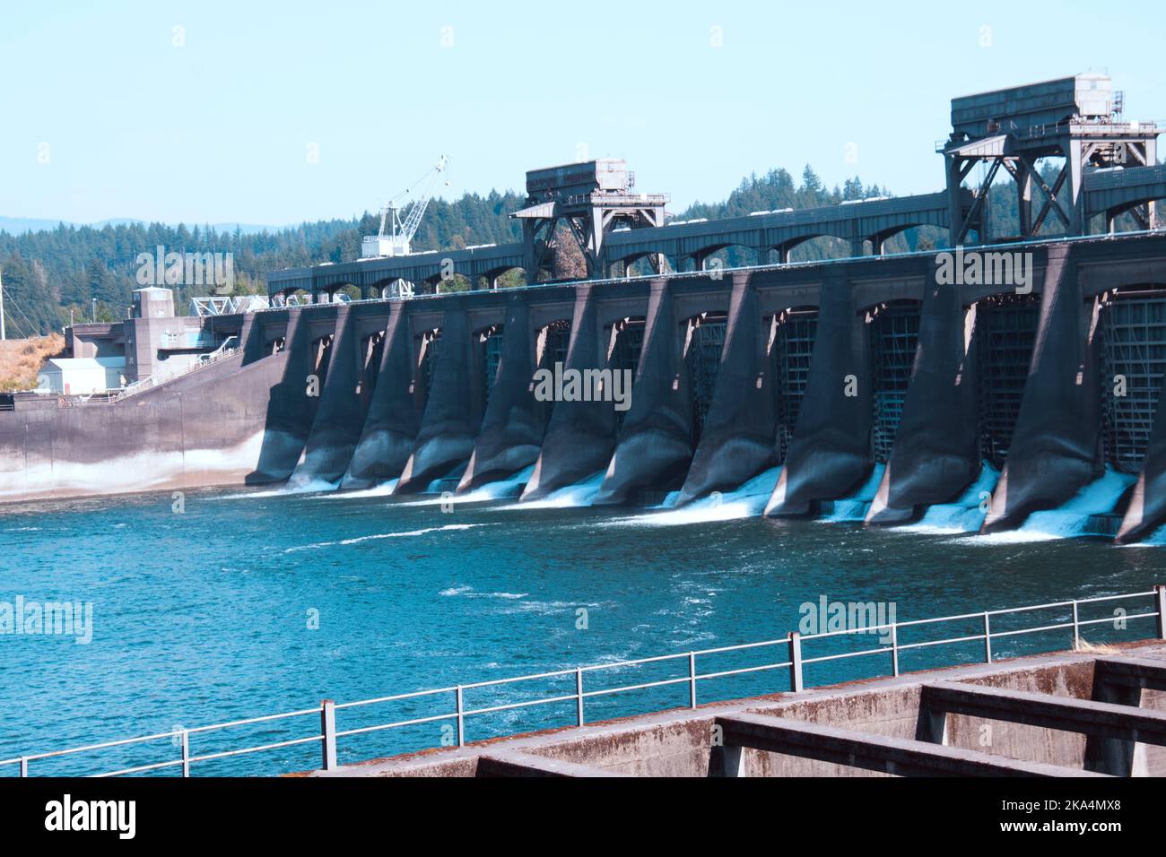 View of Bonneville Dam that crosses the Columbia River between Washington and Oregon. Built by ...