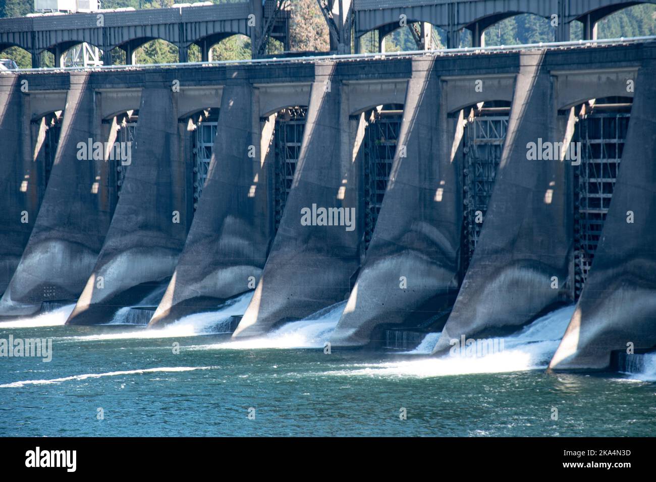 View of Bonneville Dam that crosses the Columbia River between Washington and Oregon. Built by ...
