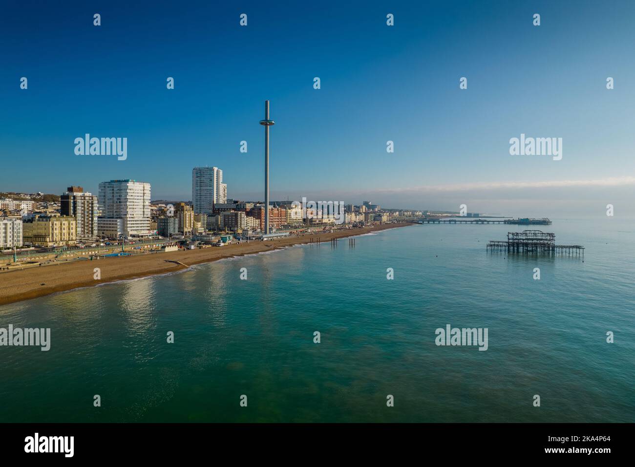 An aerial view of the seashore of Brighton with the west pier ruins ...