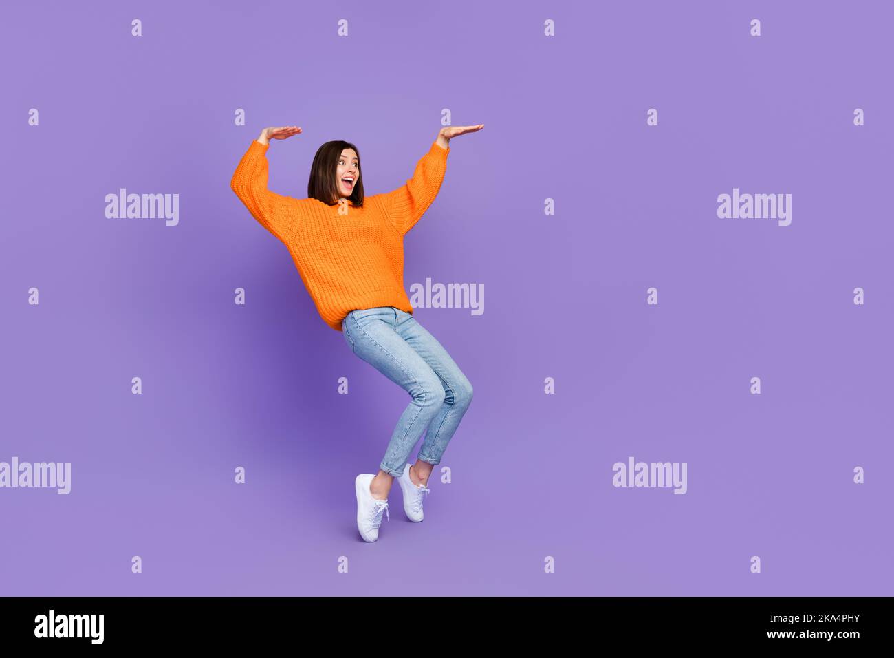 Full size portrait of pretty positive girl dancing stand tip toe make ...