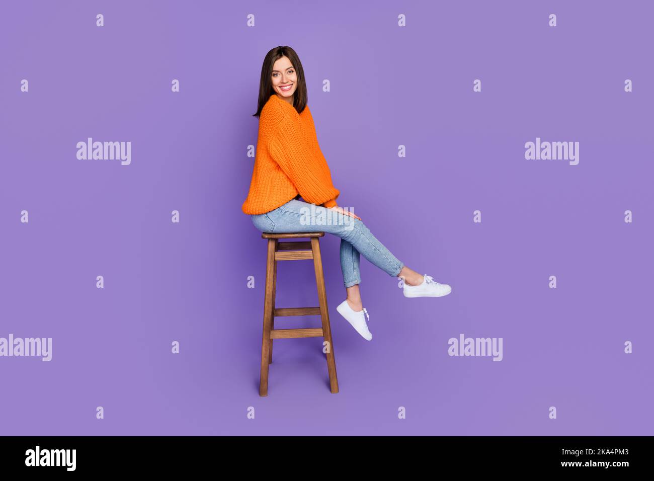 Full size photo of lovely young woman sit wooden chair job interview ...