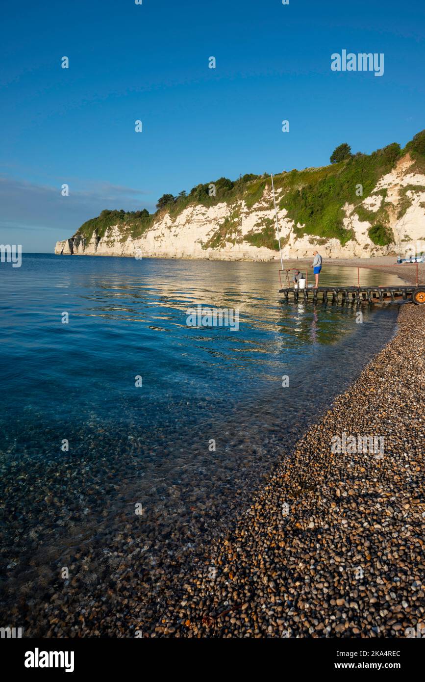 Beer Beach Devon. Fishing from the Jetty Stock Photo - Alamy