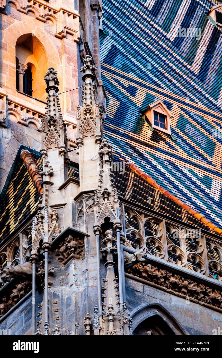 Gothic spires and Romanesque tower details of St. Stephen's Cathedral ...