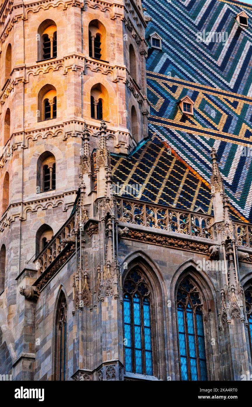 Romanesque tower and Gothic windows with tracery of St. Stephen's ...