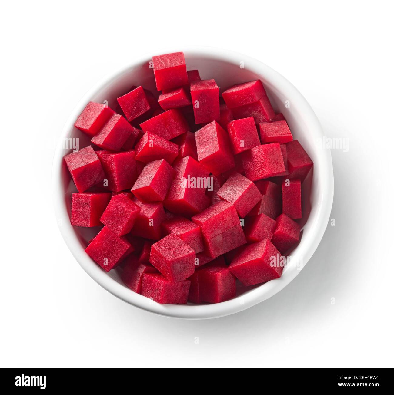 bowl of beetroot cubes isolated on white background, top view Stock ...