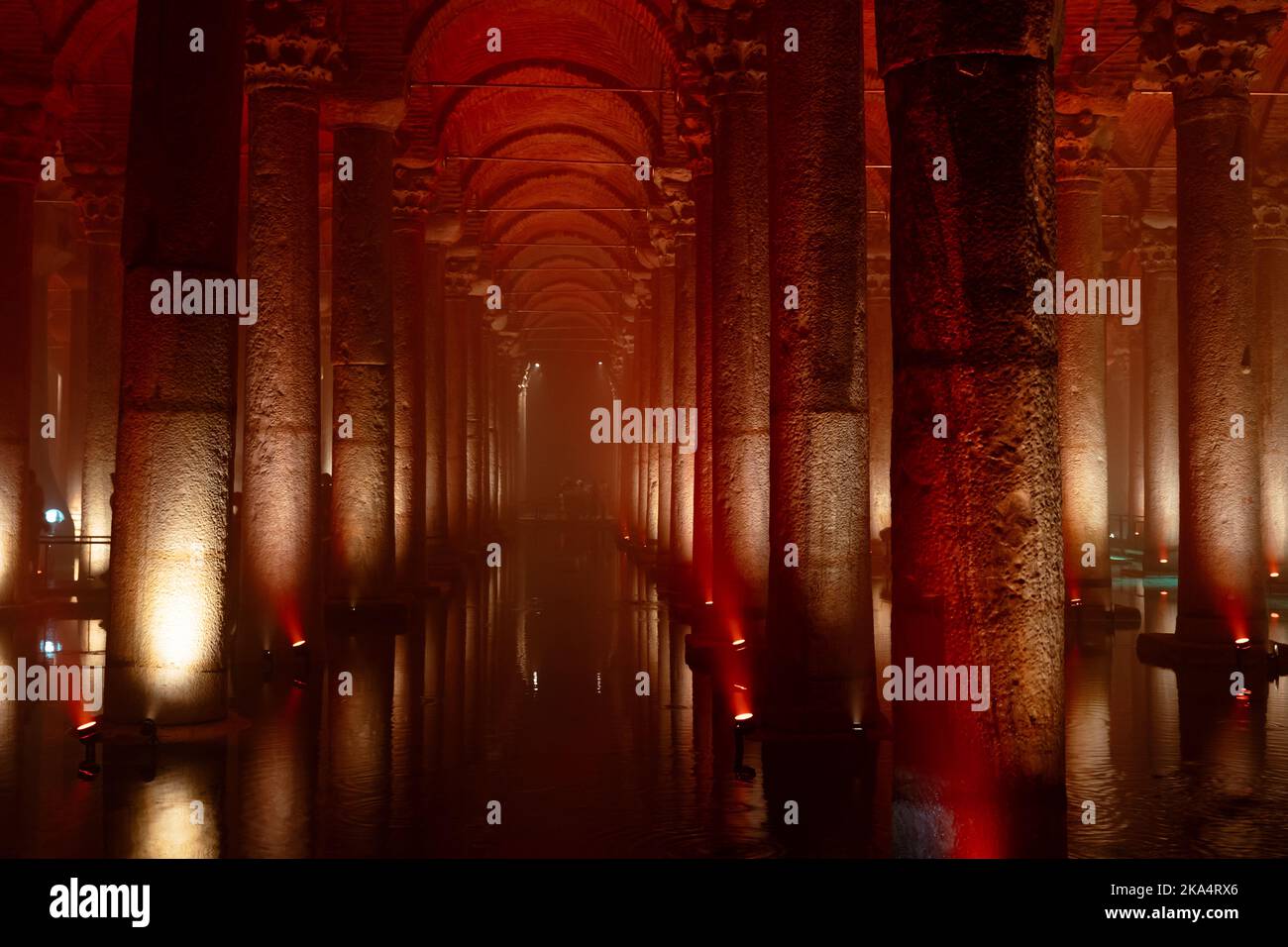Columns and reflections on the water of a cistern. Basilica Cistern in ...